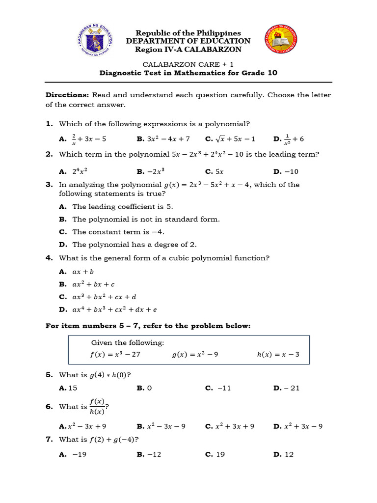 Grade 10 Math Diagnostic Test Guide | PDF | Factorization | Mathematics
