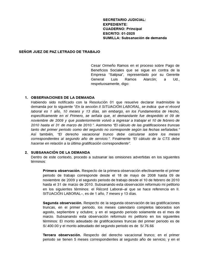 Subsanación de Demanda de Pago de Beneficios Sociales | PDF | Justicia | Crimen y violencia