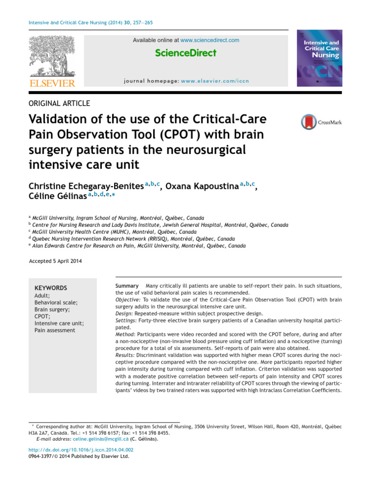 Validation of The Use of The Critical-Care Pain Observation Tool (CPOT ...