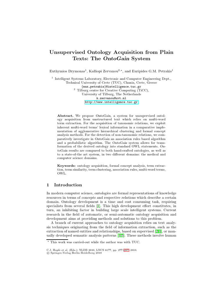 2010 - Drymonas - Unsupervised Ontology Acquisistion From Plain Text - The OntoGain System | PDF ...