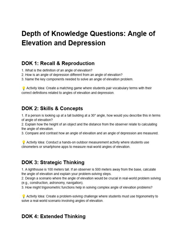Depth of Knowledge Questions - Angle of Elevation and Depression | PDF ...