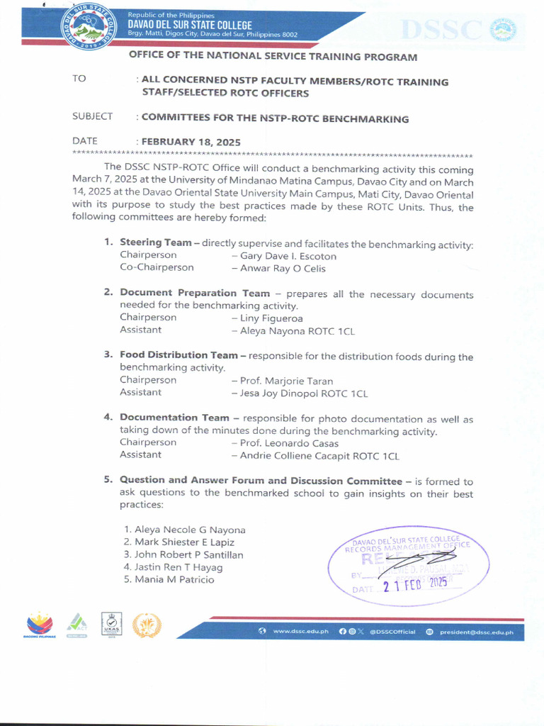 NSTP MEMO_Committee for the NSTP-ROTC Benchmarking | PDF