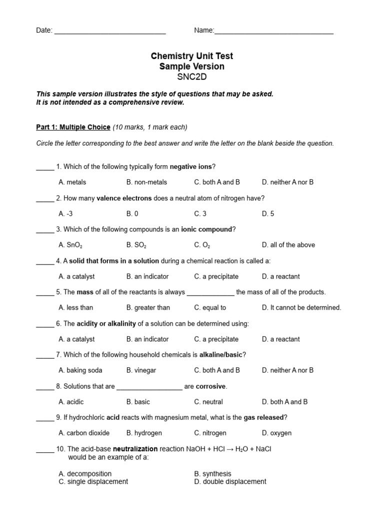 Chemistry Unit Test Sample SNC2D | PDF | Chemical Reactions | Acid