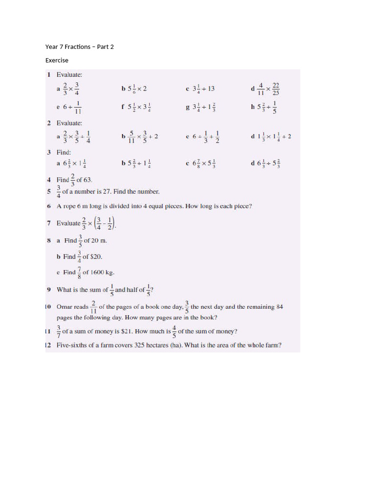 Year 7 Fractions - Part 2 Q&A | PDF