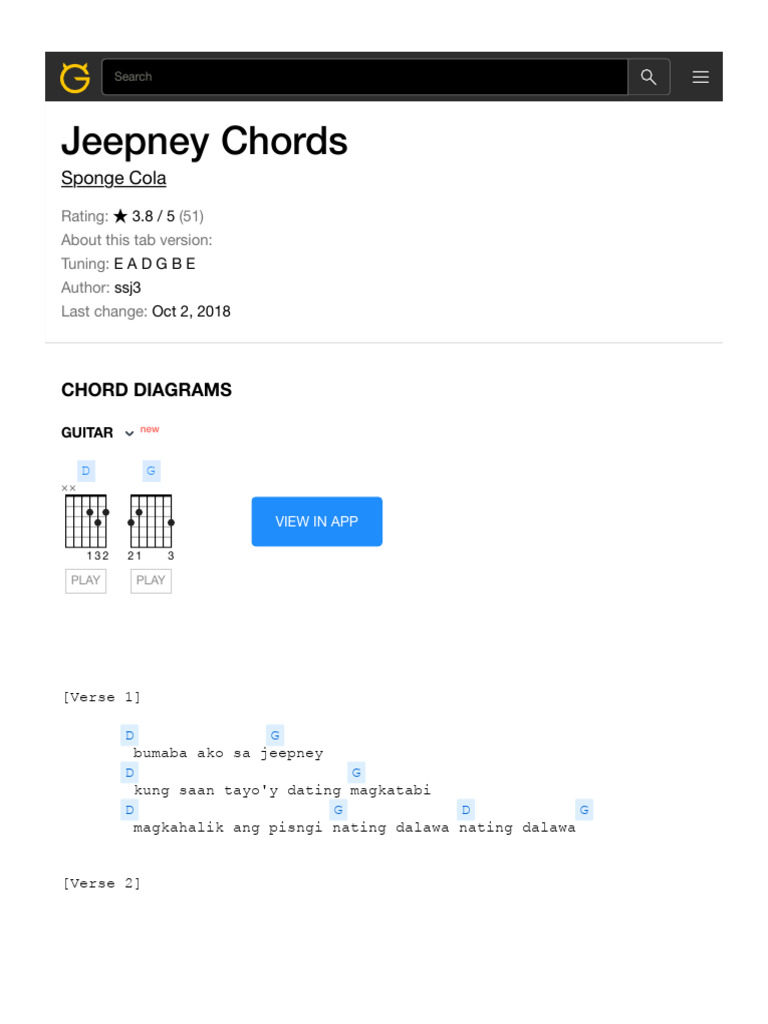 Jeepney Acoustic Chords by Sponge Cola @ Ultimate-guitar.com | PDF