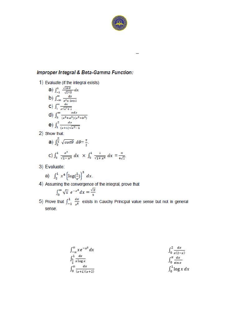 Problem Sheet On Beta Gamma Functions | PDF