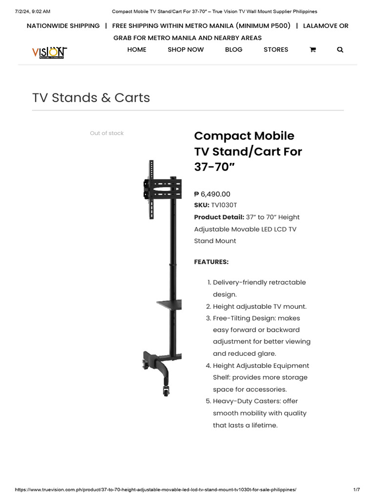 Compact Mobile TV Stand - Cart For 37-70 - True Vision TV Wall Mount ...