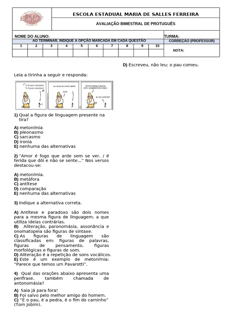 Prova Bimestral - 1º Ano em | PDF | Metáfora | Retórica