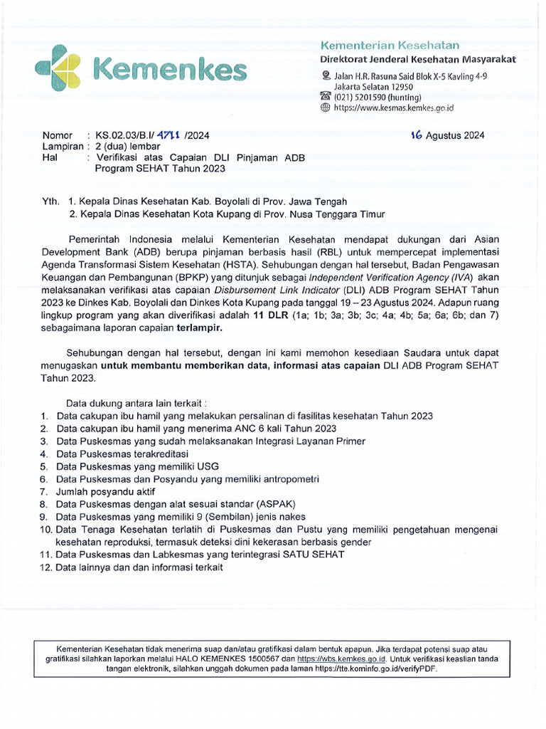Surat Verifikasi Capaian DLI ADB SEHAT | PDF