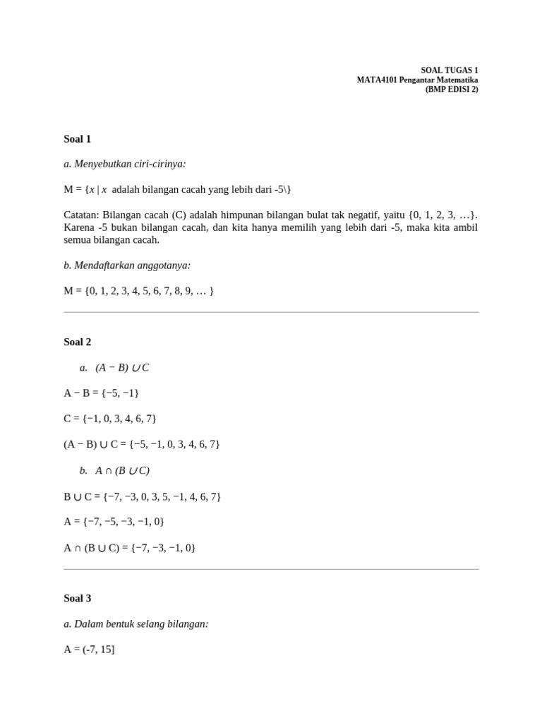 Soal Tugas 1 Mata4101 Pengantar Matematika (BMP Edisi 2) | PDF