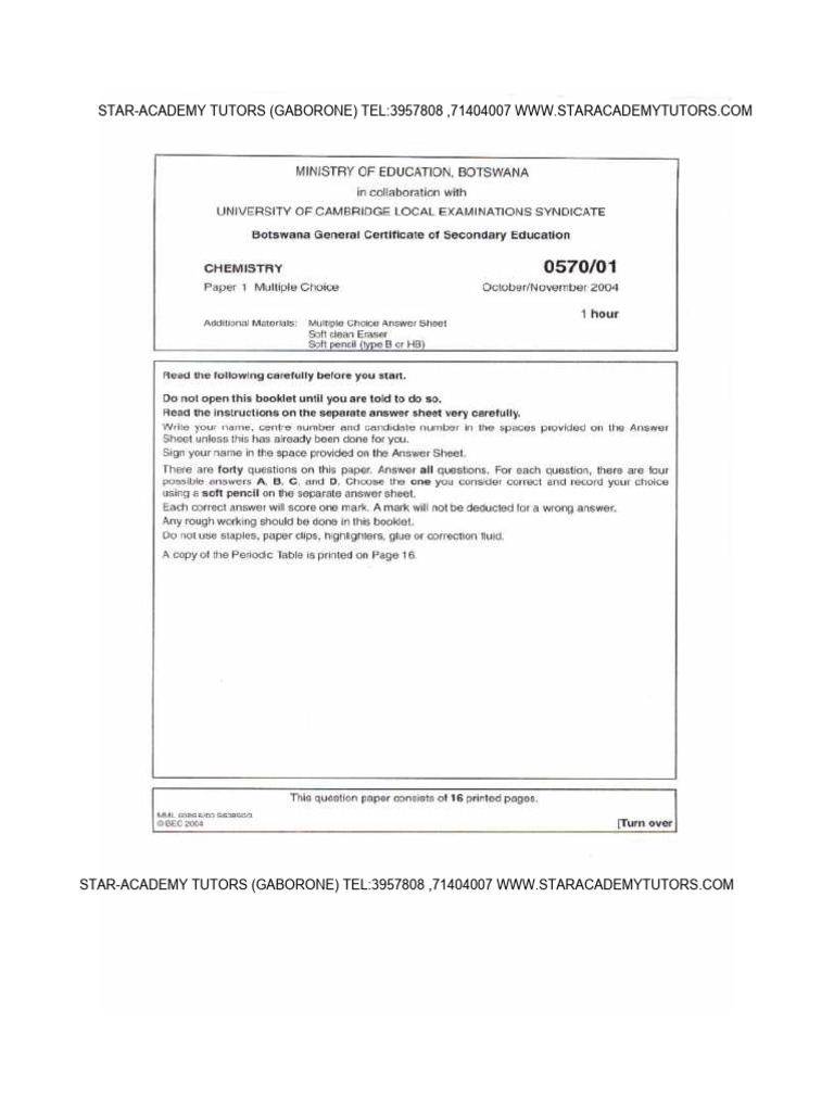 Chemistry Multiple Choice Paper 1 2004 (BGCSE) | PDF