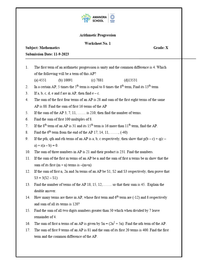 Grade X Maths Arithmetic Progression Worksheet Ic690557 Pdf Mathematics Arithmetic