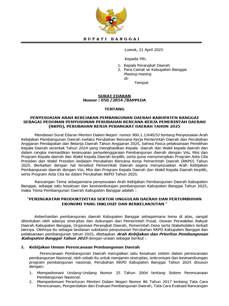 SURAT EDARAN PEDOMAN PENYUSUNAN RKPD-P 2025 21 Apr 2025 | PDF