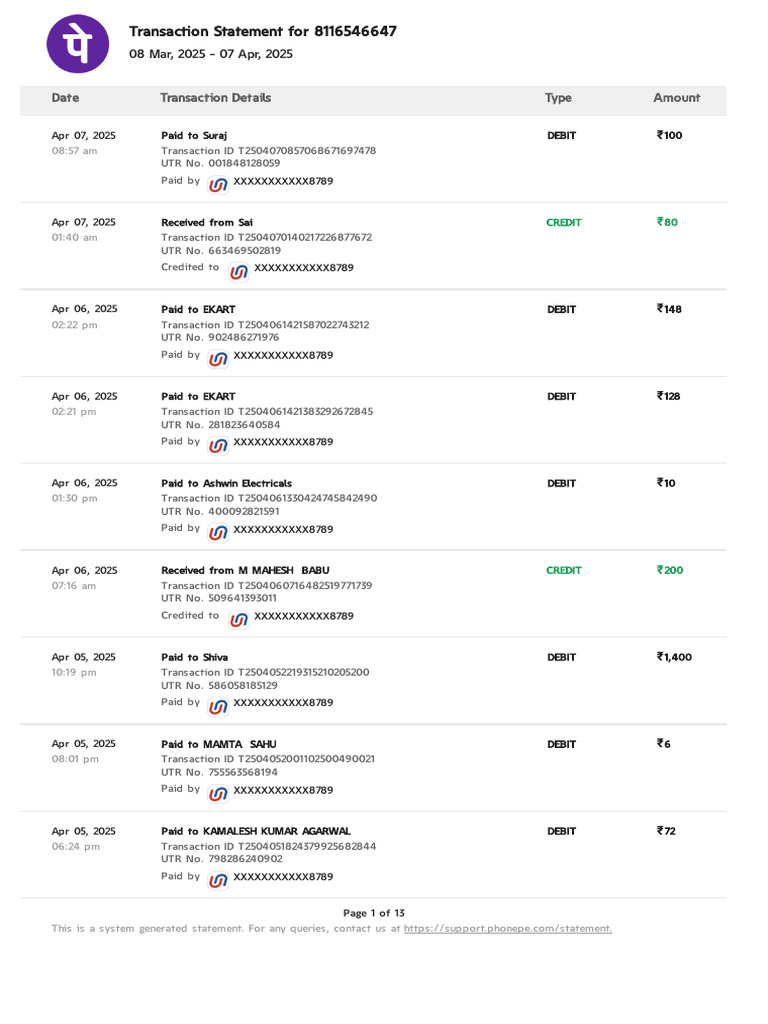 PhonePe Statement Mar2025 Apr2025 | PDF | Debits And Credits | Debit Card