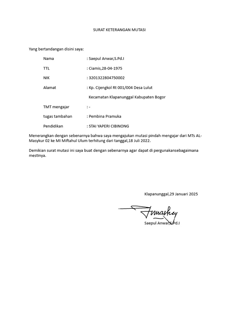 Surat Keterangan Mutasi | PDF