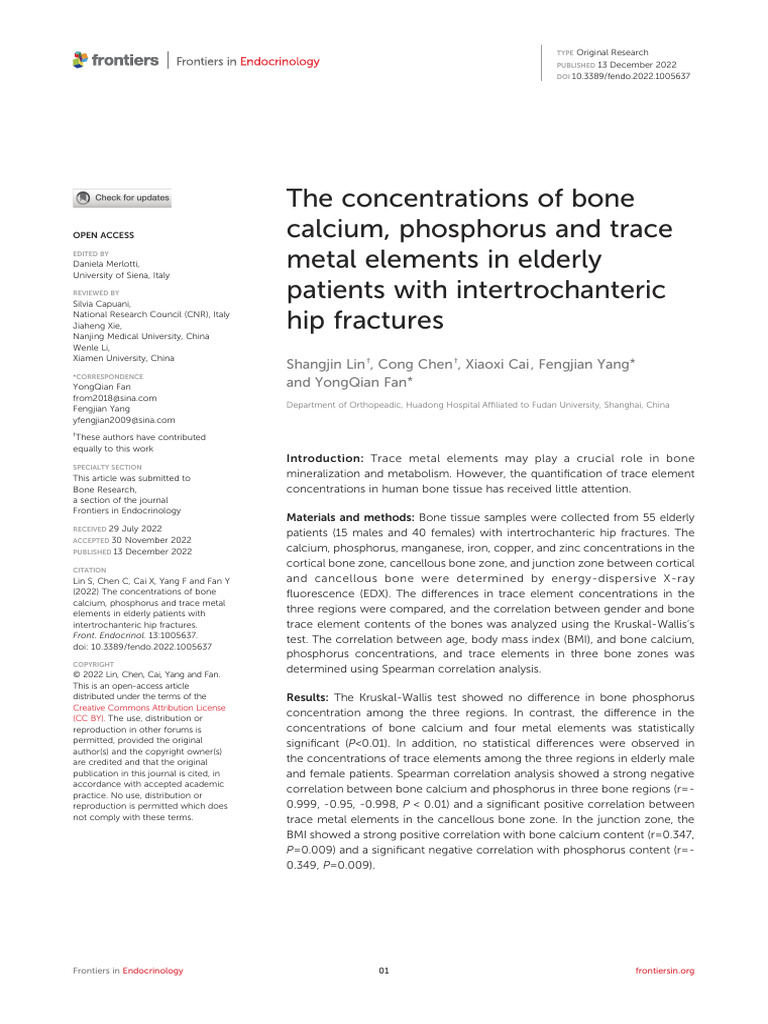 The Concentrations of Bone Calcium, Phosphorus and Trace Metal Elements ...