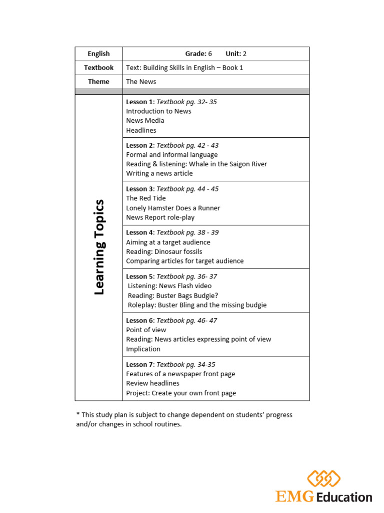 Grade 6 - Unit 2 - Study Plan-1 | PDF