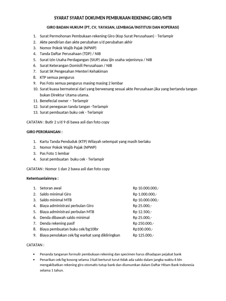 SYARAT SYARAT DOKUMEN PEMBUKAAN REKENING An. CV YUKOJA ARTHA ABADI | PDF