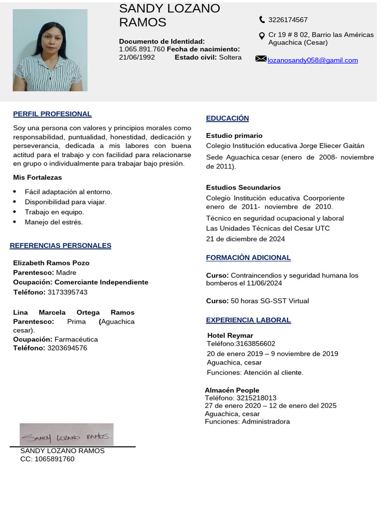 Hoja de Vida Sandy Lozano. | PDF