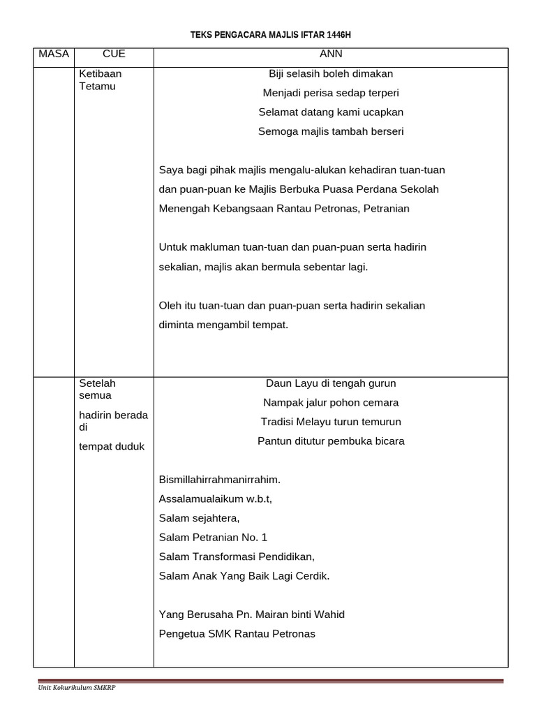Teks Pngacara Majlis Iftar 2025 | PDF