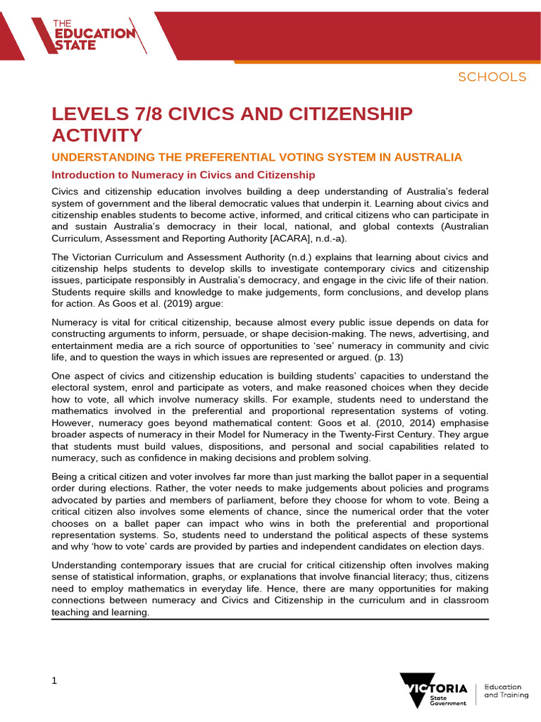 Civics and Citizenship Levels 7 and 8 The Preferential Voting System in ...