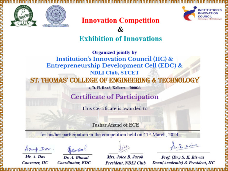 Certificate For Innovation Competition & Exhibition of Innovations | PDF