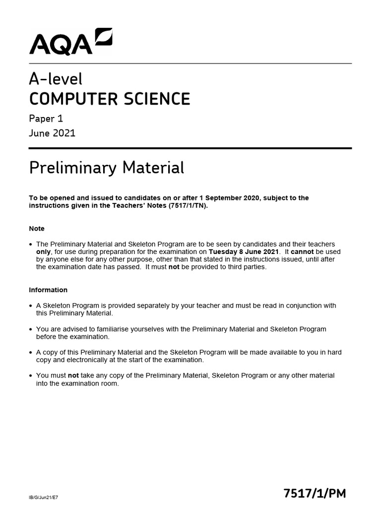 June 2021 IN - Paper 1 AQA Computer Science A-Level | PDF | Computing