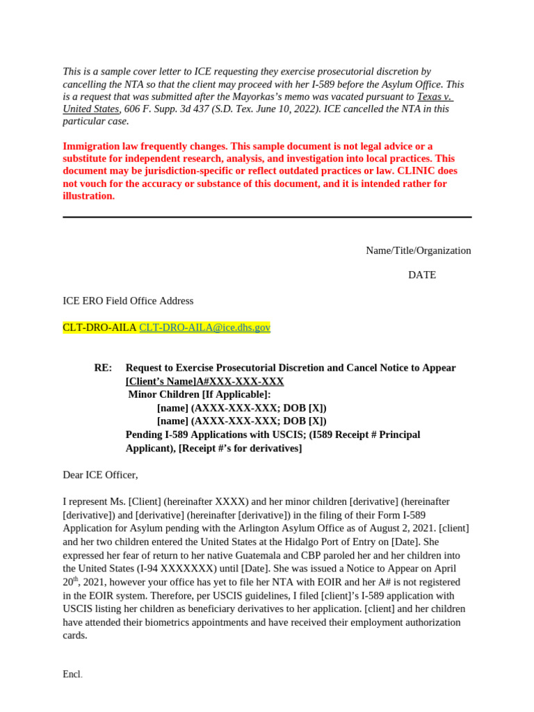 Sample - Letter To ICE To Cancel NTA | PDF | United States Citizenship ...