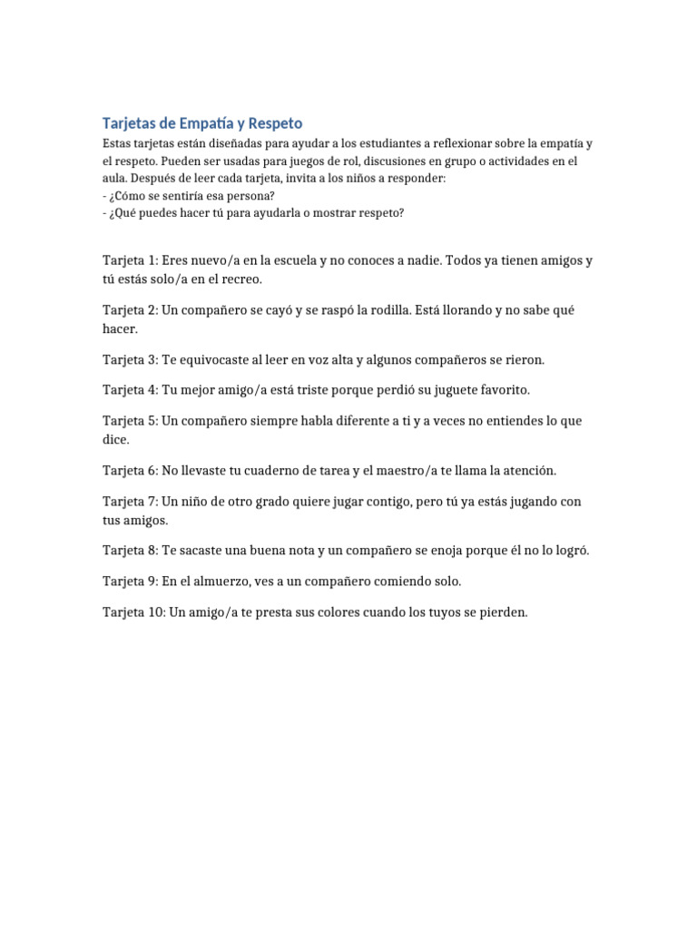 Tarjetas Empatia y Respeto | PDF
