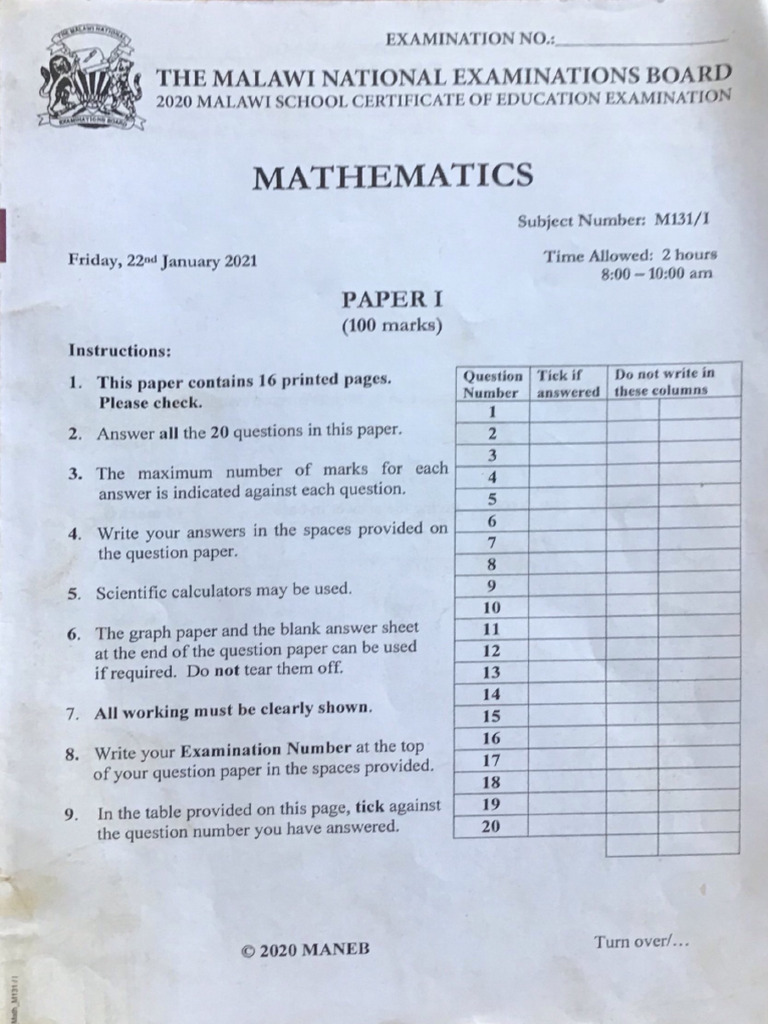 Msce Maths I 2020 | PDF