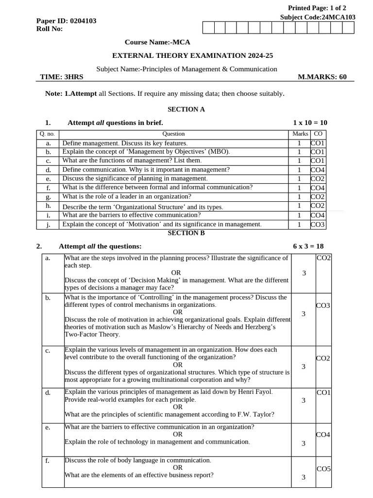 (Pom) External Question Paper - 1 | PDF | Business | Organizational Behavior
