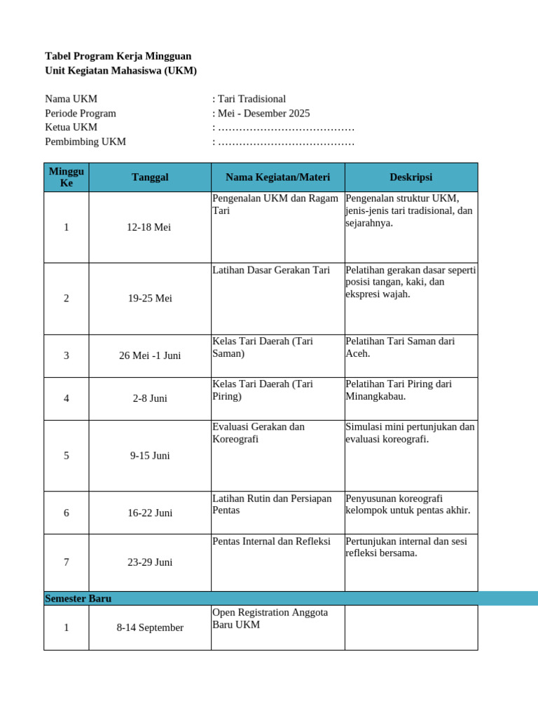UKM Tari - Tabel Program Kerja Mingguan | PDF