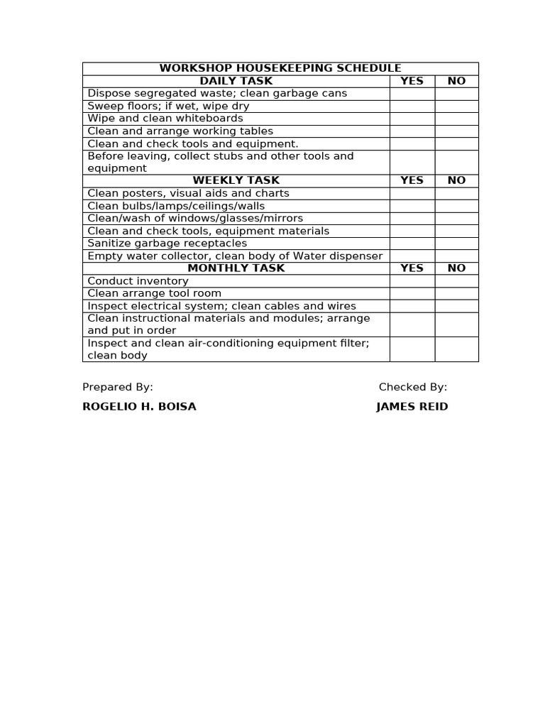 Workshop Housekeeping Schedule Checklist | PDF