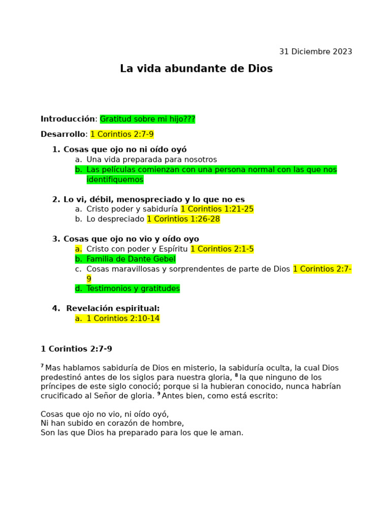 Vida Abundante de Dios, Predica Fin de Año 2023 | PDF | Primera epístola a los corintios | Dios