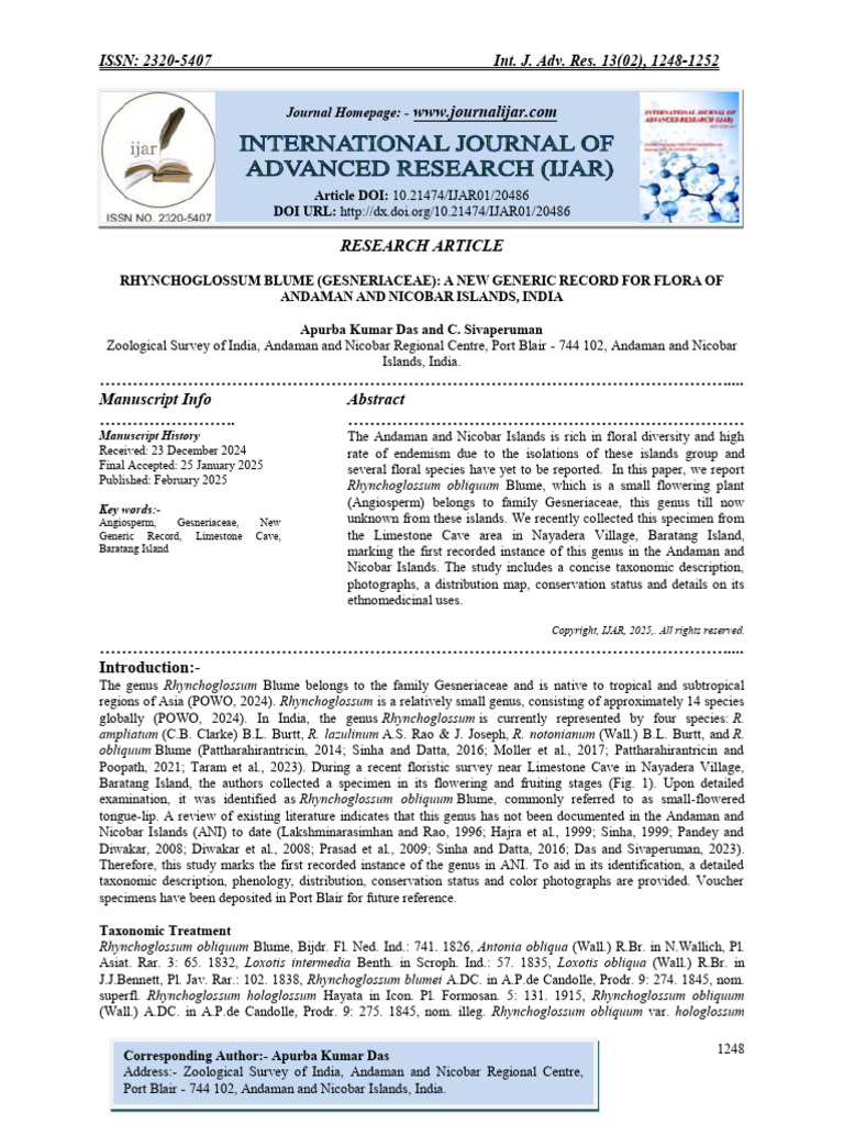 Rhynchoglossum Blume (Gesneriaceae) : A New Generic Record For Flora of ...
