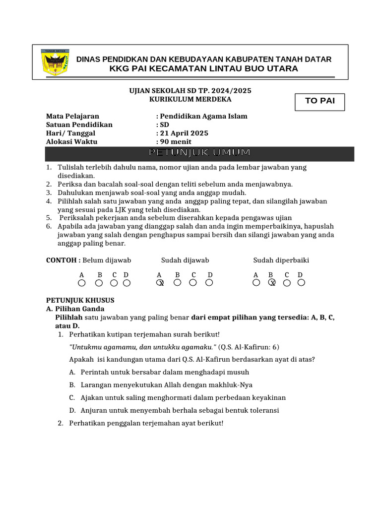 Ujian Sekolah SD KKG Pai Lbu 34 TB | PDF