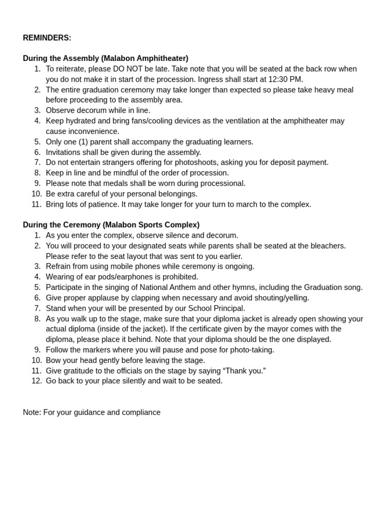 Reminders For Graduation Day | PDF