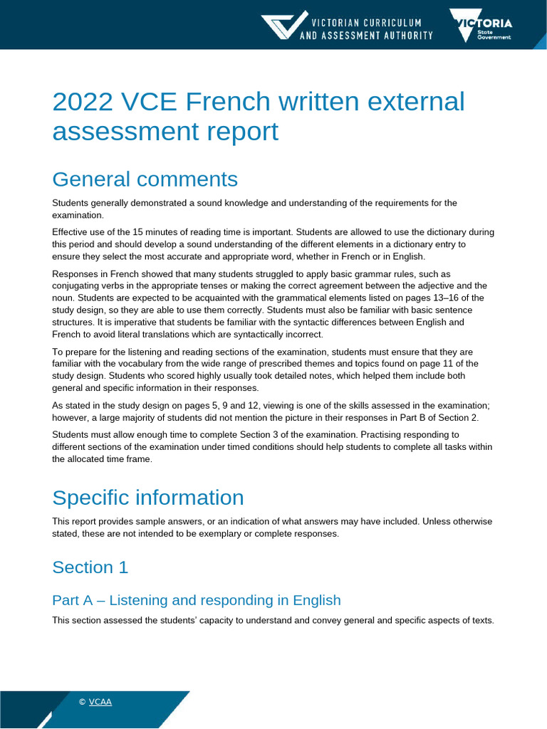 2022 VCE French Assessment Insights | PDF | English Language | Grammar
