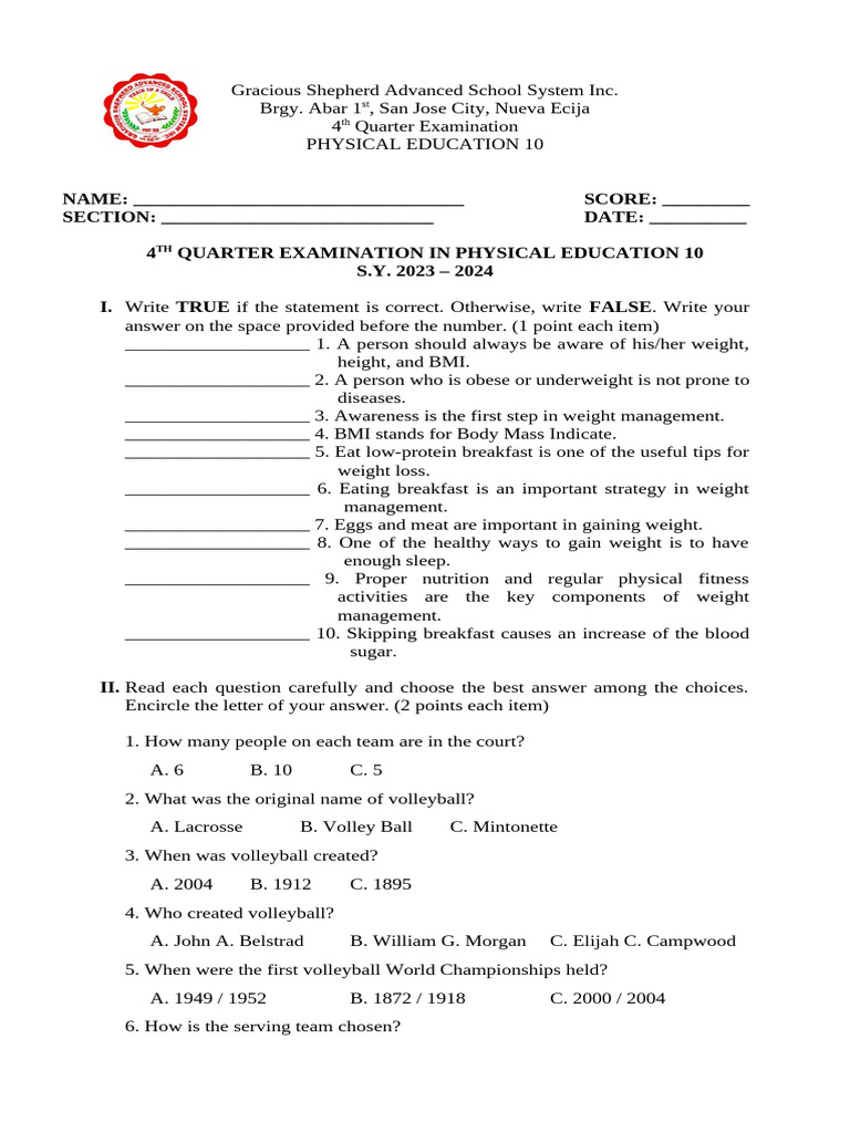 4Q-PE-10-SY2023-2024 | PDF | Volleyball | Human Body Weight