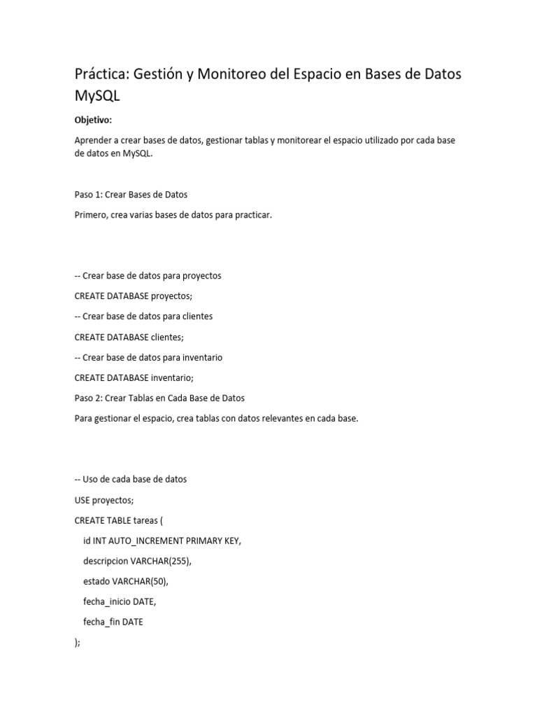 Práctica Gestión y Monitoreo Del Espacio en Bases de Datos MySQL | PDF | Bases de datos | Mi sql