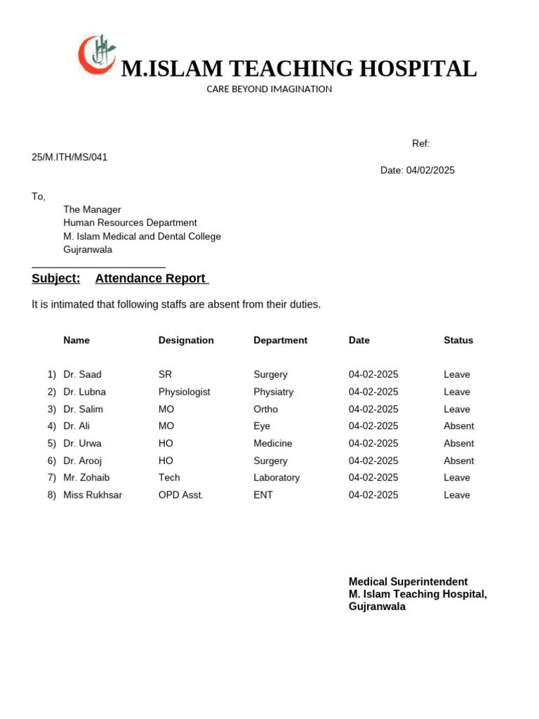 Attendance Report for M. Islam Hospital | PDF