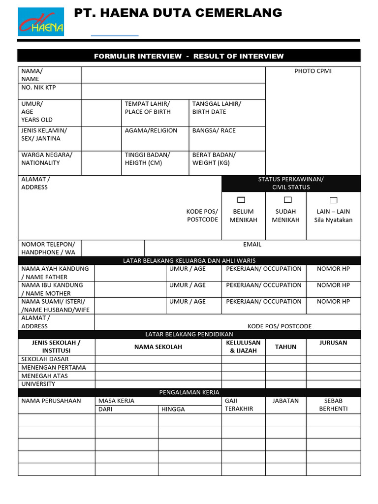 Formulir Lamaran PT Haena Duta Cemerlang | PDF