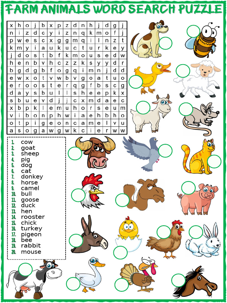 Farm Animals Vocabulary Esl Word Search Puzzle Worksheet For Kids | PDF