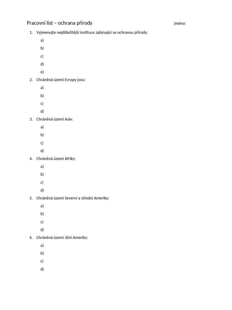 Pracovní List. - Ochrana Přírodydocx | PDF