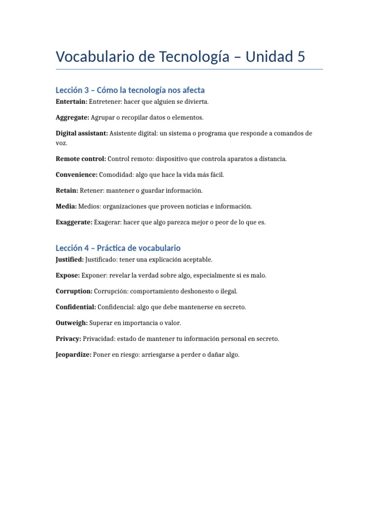 Vocabulario Tecnologia Unidad 5 | PDF