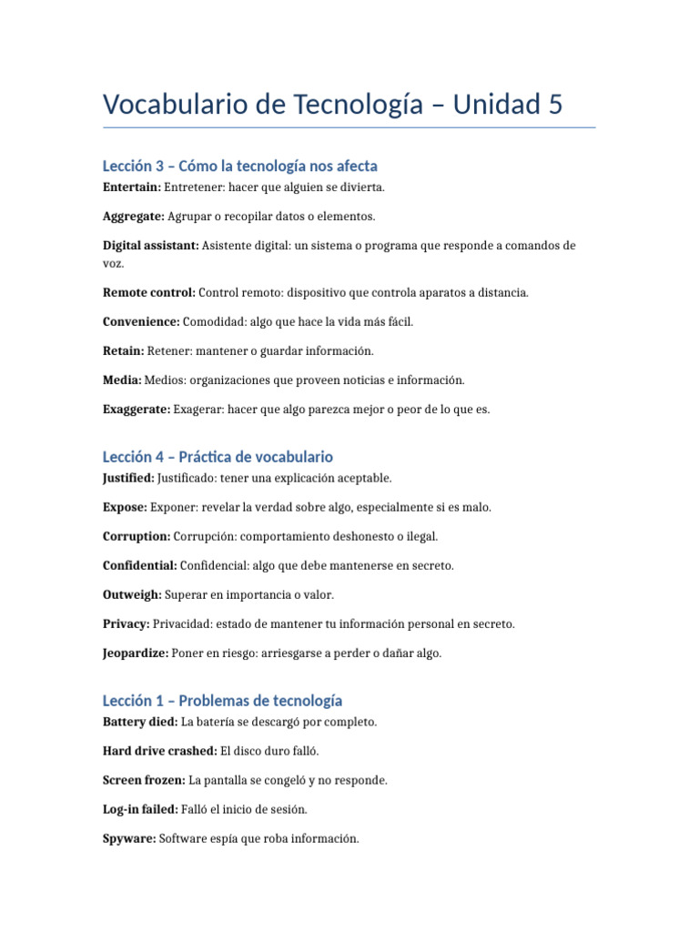 Vocabulario Tecnologia Unidad 5 Actualizado | PDF