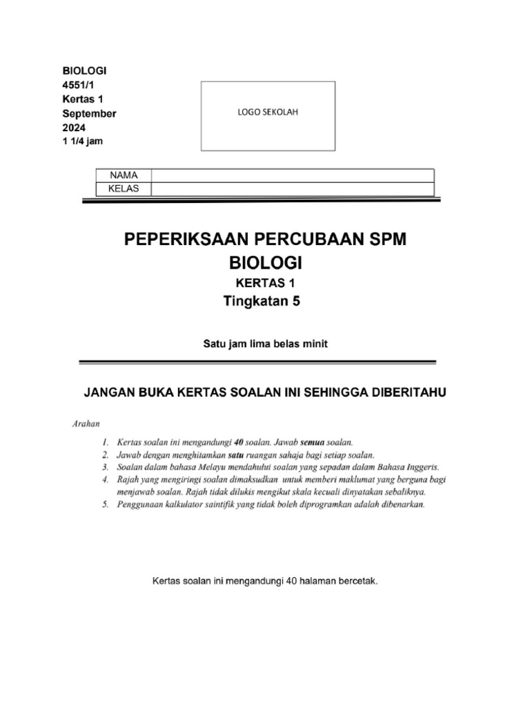Trial K1 Biologi SPM 2024 - Melaka | PDF