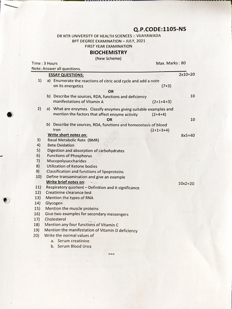 Biochemistry BPT Q'N Papers | PDF | Biochemistry | Chemistry