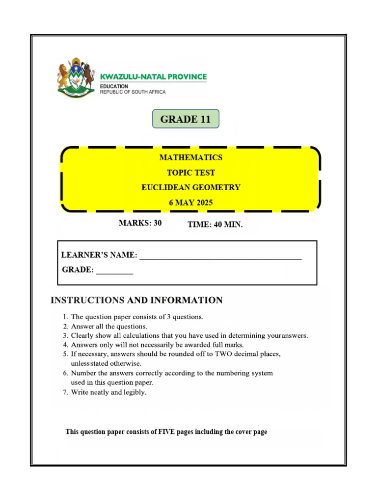 Grade 11 Topic Test - Euclidean Geometry | PDF | Circle | Analytic Geometry
