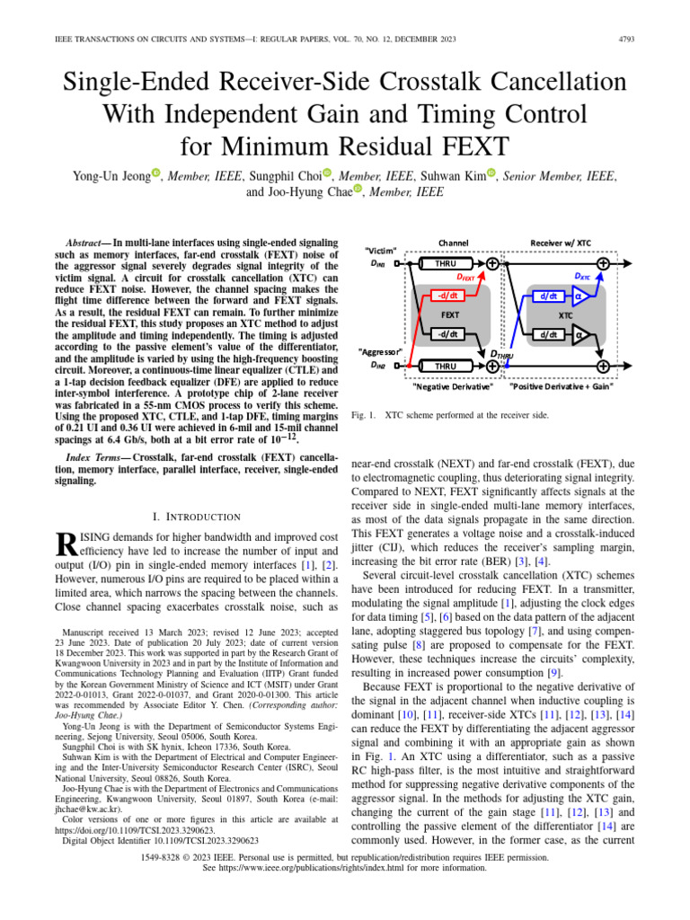 TCASI23 SHKim Single-Ended Receiver-Side Crosstalk Cancellation With Independent Gain and Timing ...